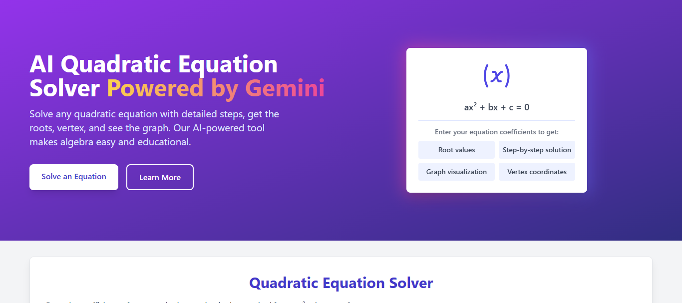 AI Quadratic Equation Solver | Solve and Visualize Quadratic Equations Step-by-Step